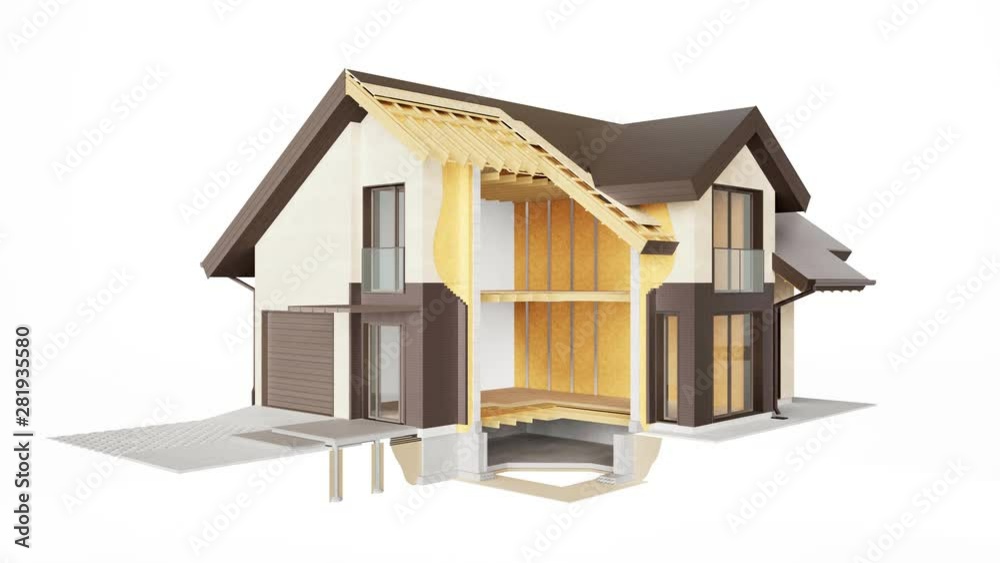 Technical section of building, visible construction of walls, roof and ...