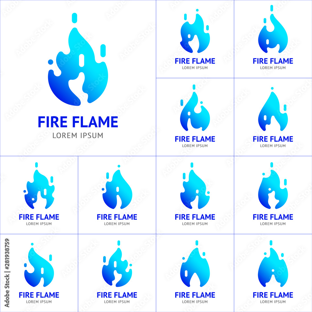 Blue fire flames set, new symbols on white background, vector ...