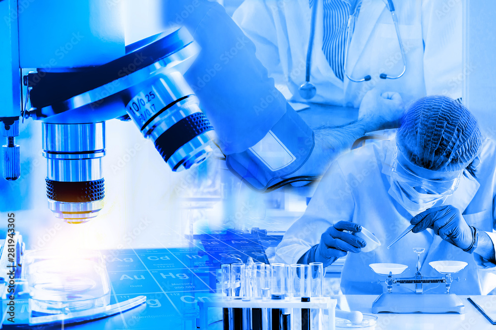 Double Exposure, microscope with scientist or chemist researcher using ...