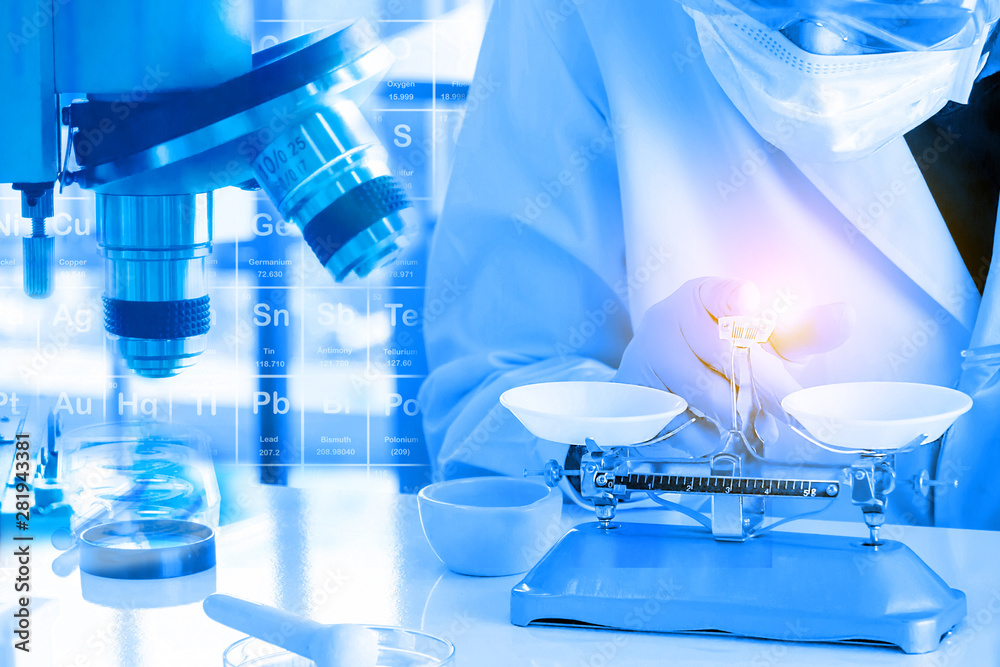 Double Exposure, scientist or chemist researcher using mechanical scale ...