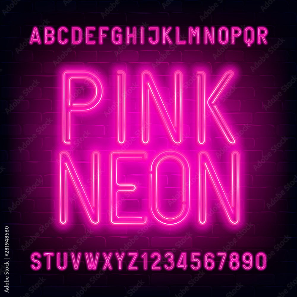 Pink Neon alphabet font. Light bulb letters and numbers on brick wall ...
