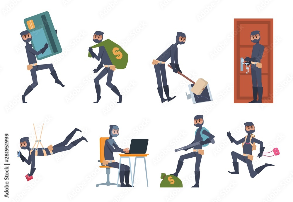 Cartoon thief. Car burglary and house robbery flat scenes, criminal ...
