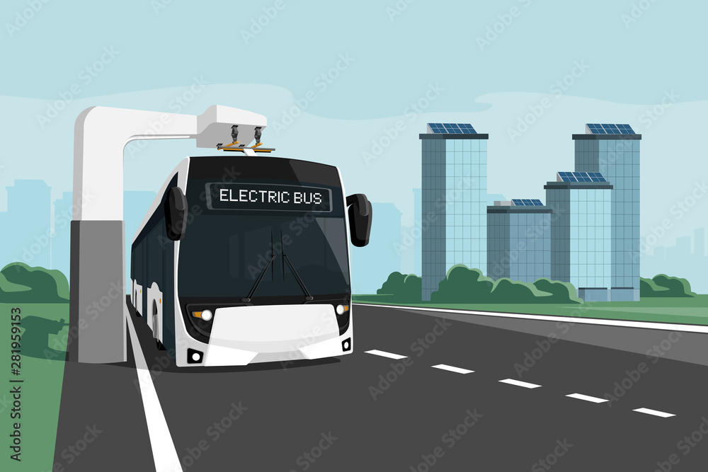Electric bus stands at the charging station. Vector illustration Stock ...