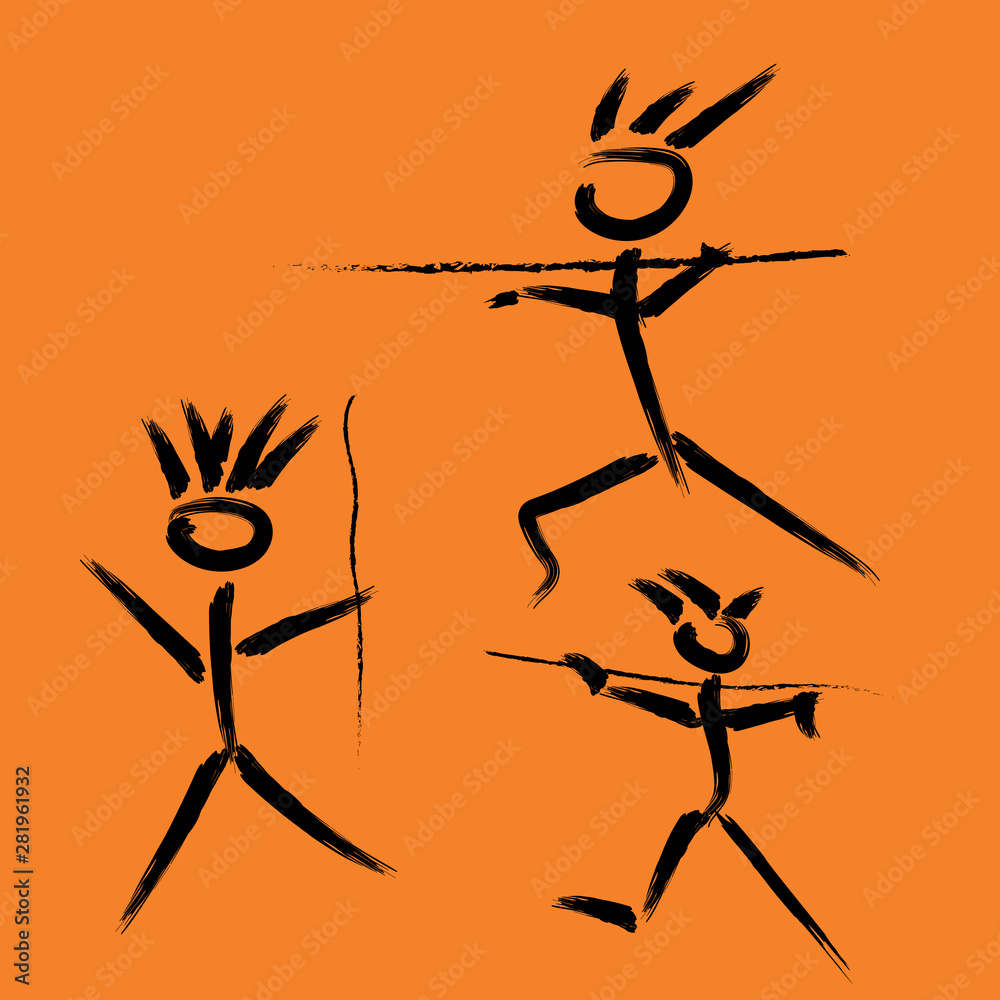 Cave drawings of prehistoric people hunting with spears, brush vector ...