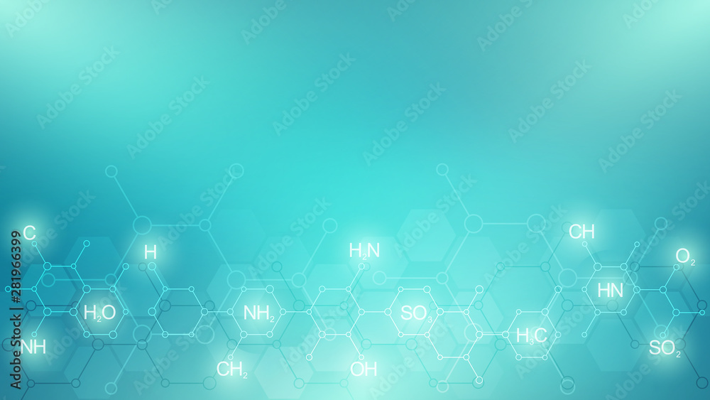 Abstract chemistry pattern on green background with chemical formulas ...