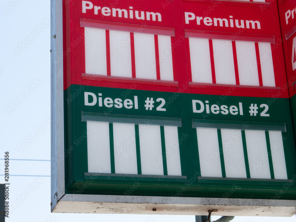 Gas station pricing sign for diesel and premium showing blank values ...