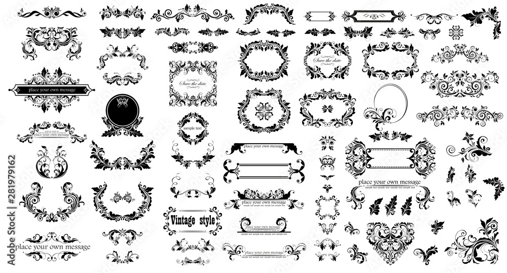 Stockvector Mega set of decorative vintage floral black frames, title ...