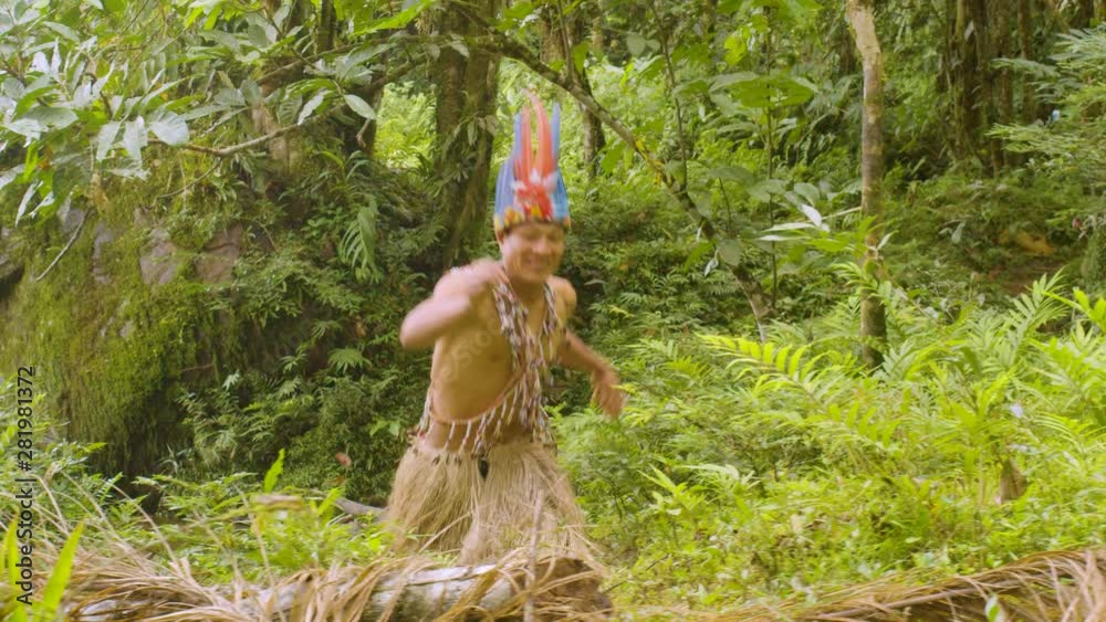 Indigenous Hunter Running And Jumping Through The Amazon Rainforest ...