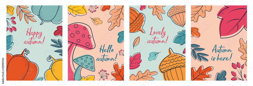 Autumn postcards with leaves, berries, mushrooms, acorns, pumpkins ...