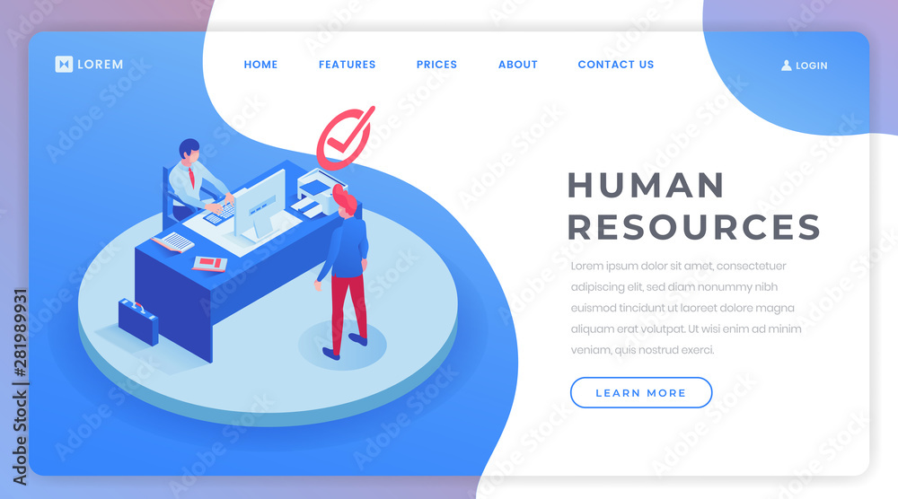 Human resources landing page isometric template. Candidate at job ...
