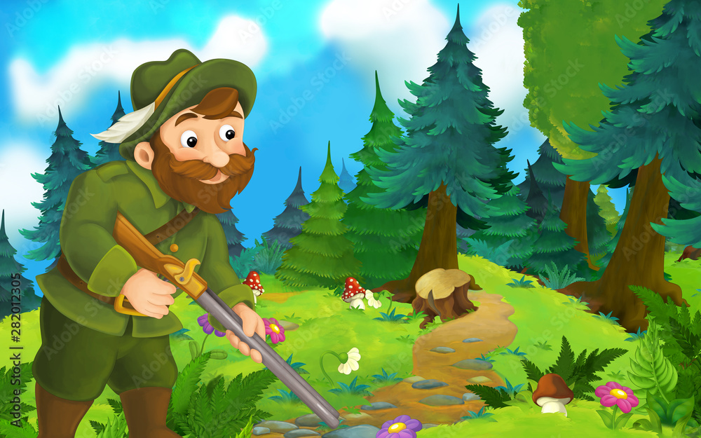 cartoon happy farm scene with cheerful smiling hunter in a beautiful ...