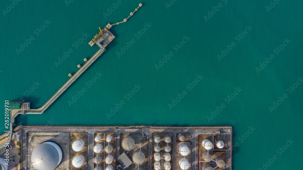 Aerial view of tank terminal with lots of oil storage tank and ...