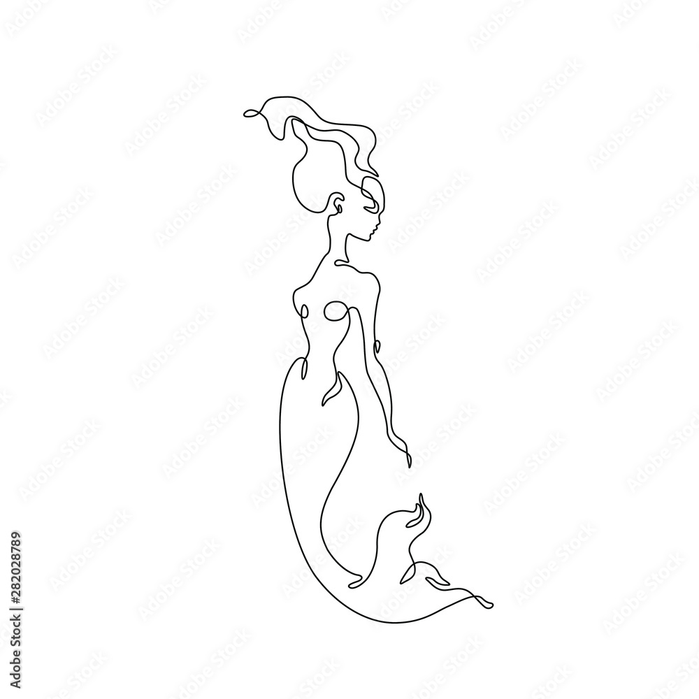 Mermaid Continuous line drawing, single line on a white background ...