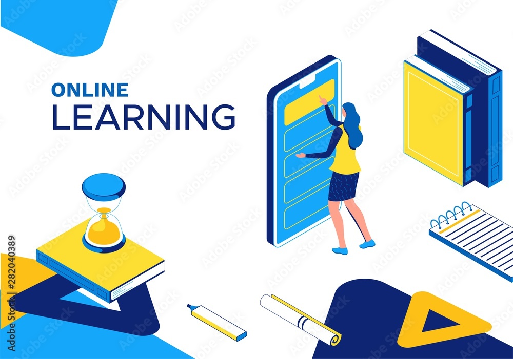 Online learning 3d isometric concept, landing page template, girl and ...