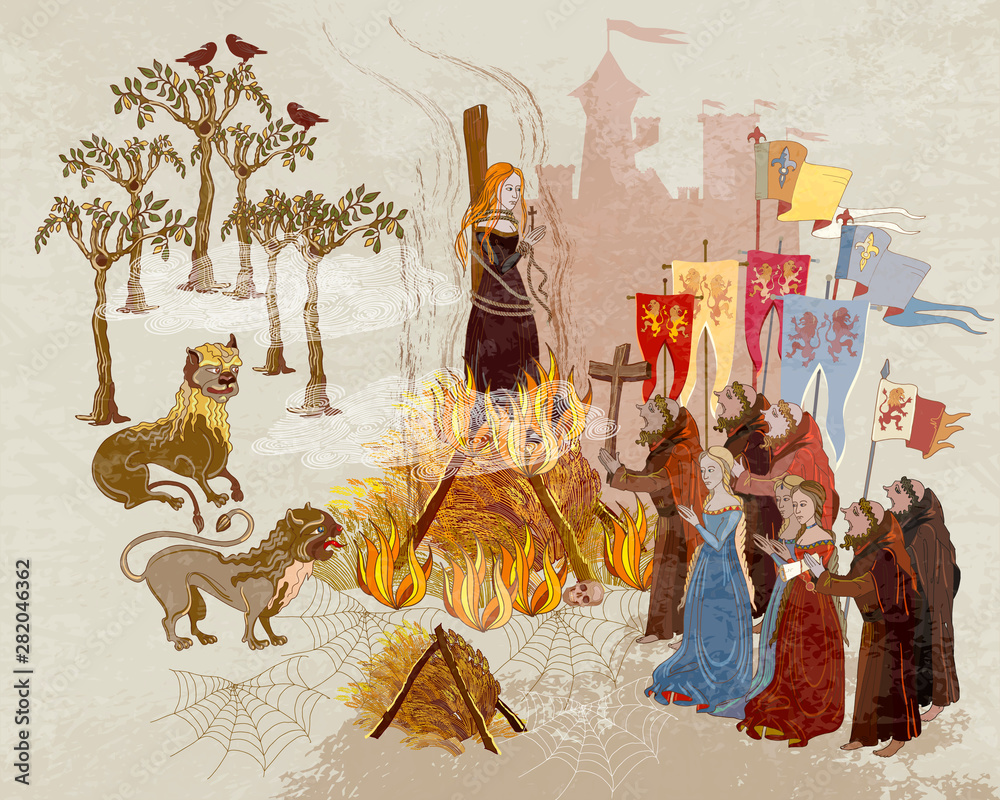 Medieval scene. Inquisition. Burning witches. Monks at a fire with the ...