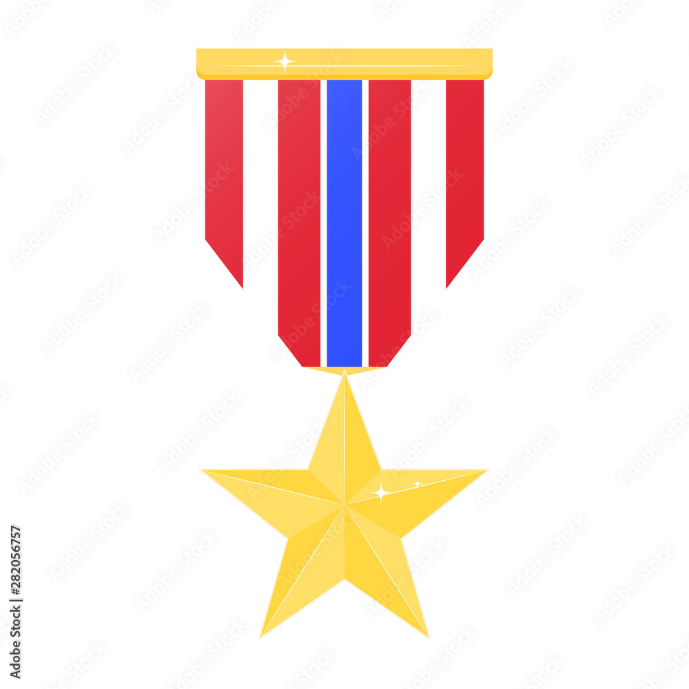 Gold star medal with red ribbon. Metallic winner award. Vector ...