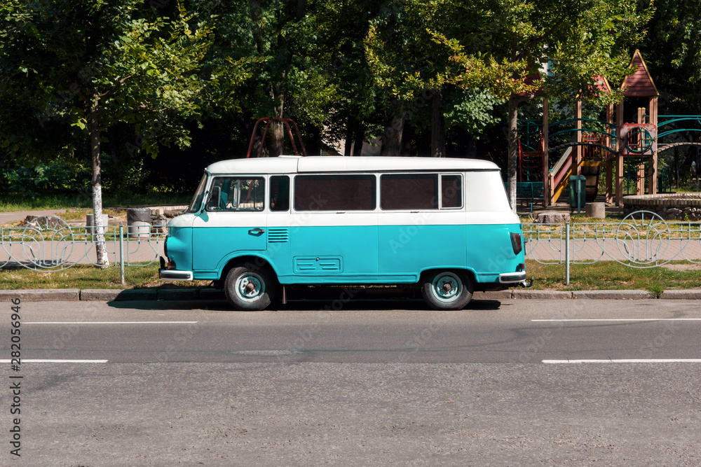 blue vintage bus. Classic van in white and blue vintage color tone ...