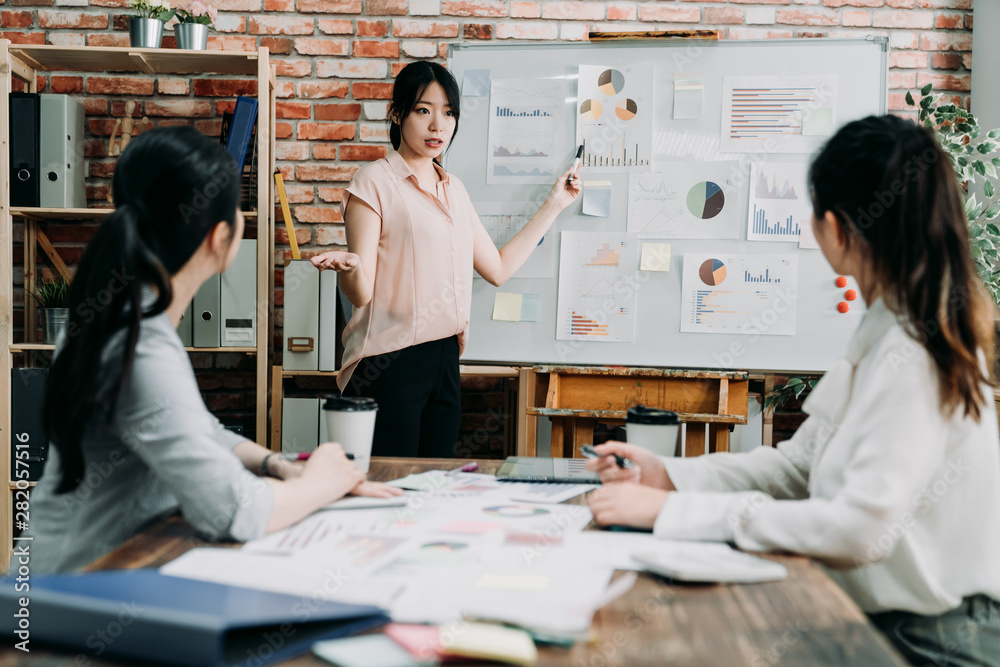 female team leader discussing and brainstorming new approaches and ...