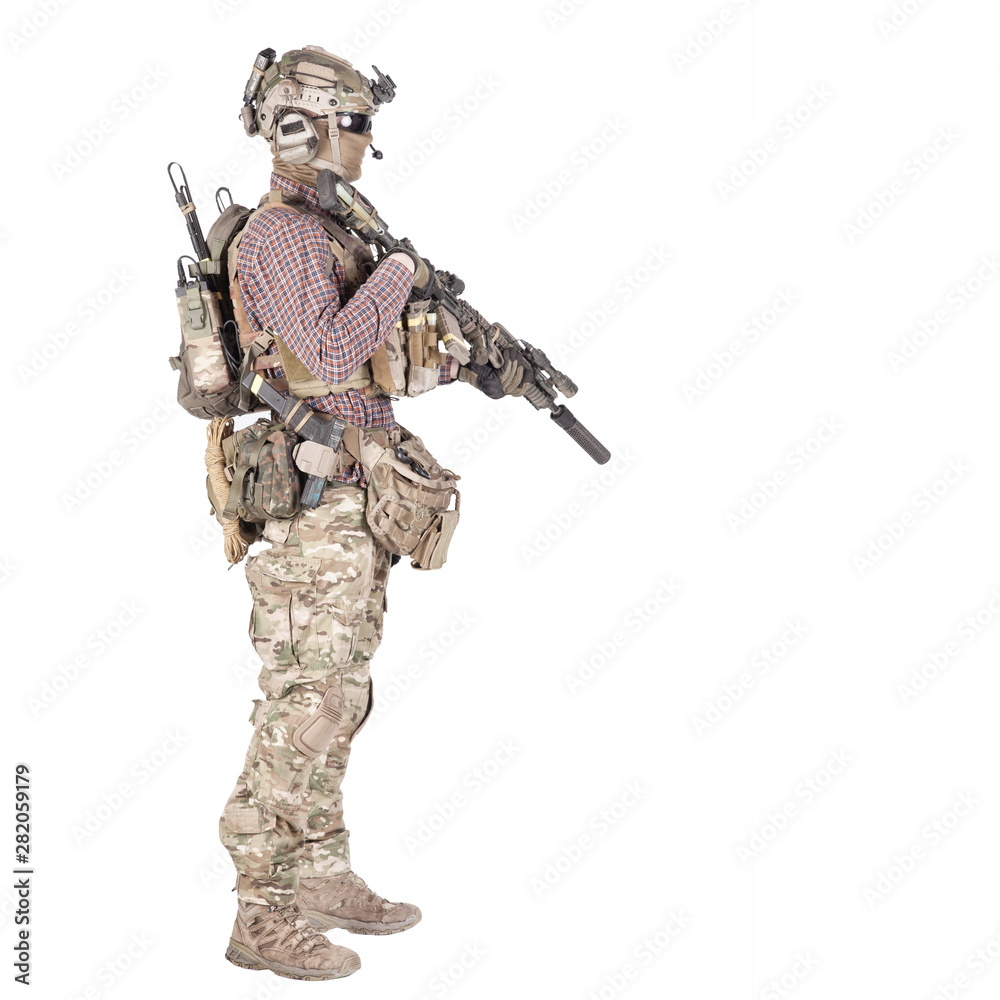 Airsoft player aiming service rifle studio shoot Stock Photo | Adobe Stock