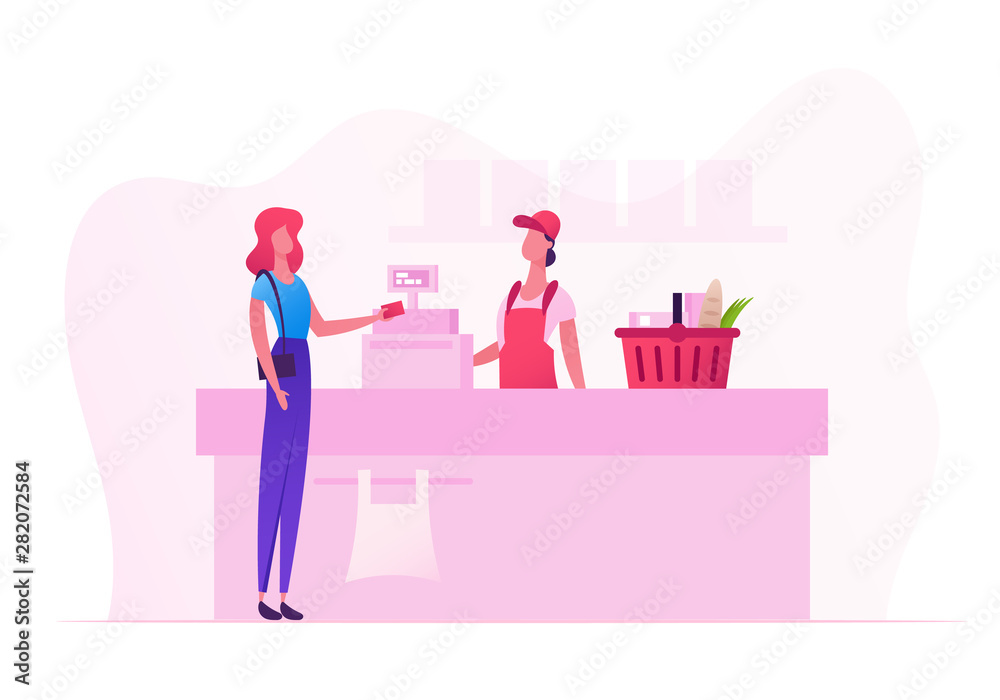 Female Customer Character with Goods in Shopping Basket Stand in ...
