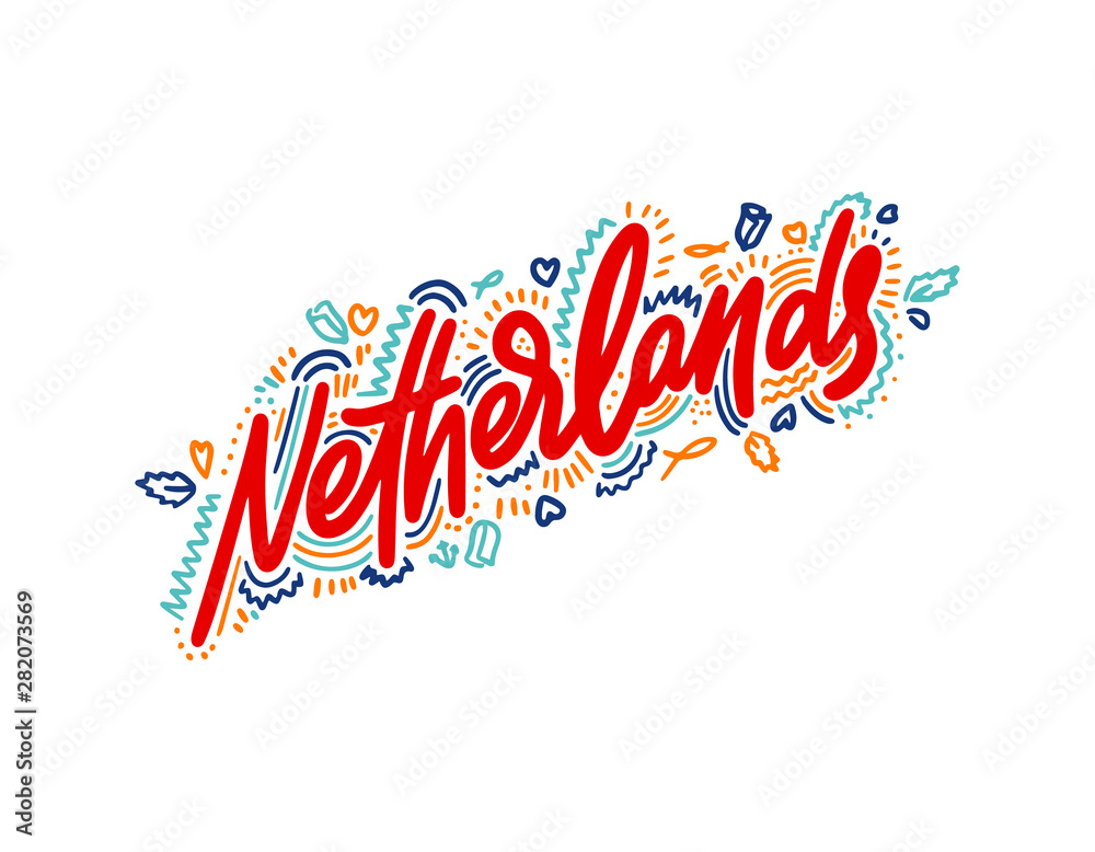 Netherlands. Name country word text card, banner script.Typography ...