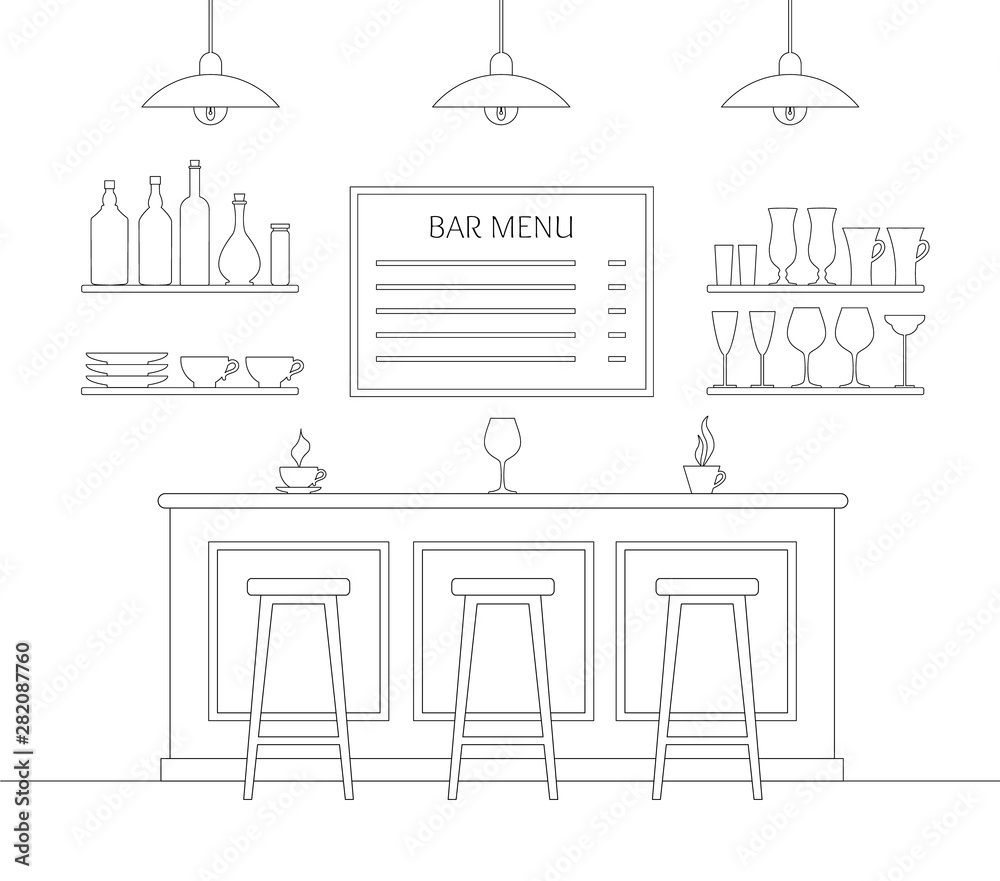 Bar interior in a linear style. Outline cafe with a bar. Vector ...