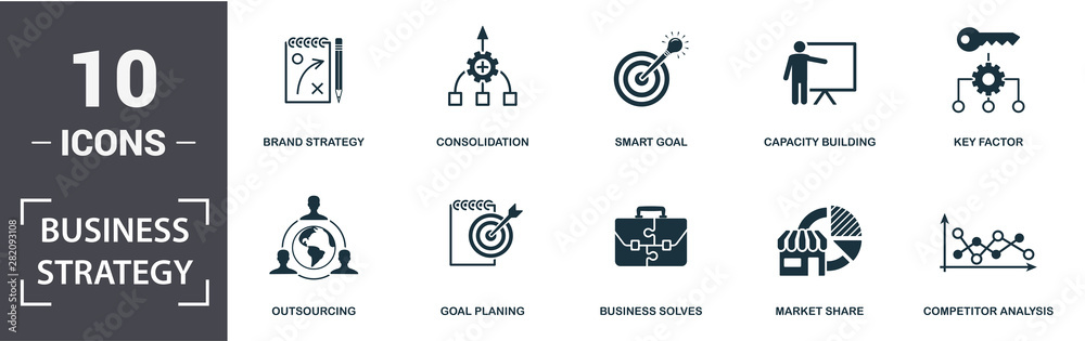 Business Strategy icon set. Contain filled flat business solves, brand ...