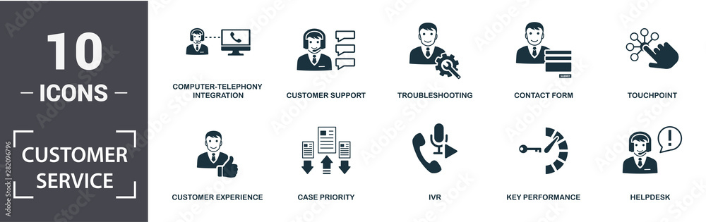 Customer Service icon set. Contain filled flat computer-telephony ...