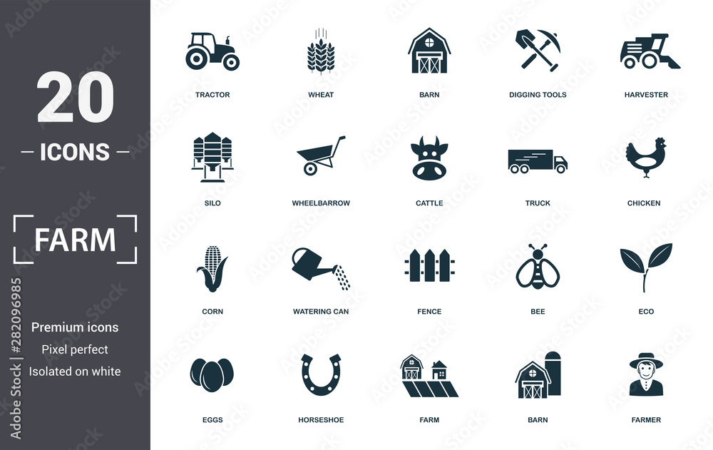 Farm icon set. Contain filled flat tractor, barn, harvester ...