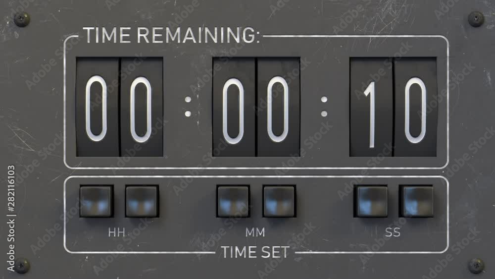 Mechanical timer countdown from 15 to 0 seconds. Close up view. Gray ...