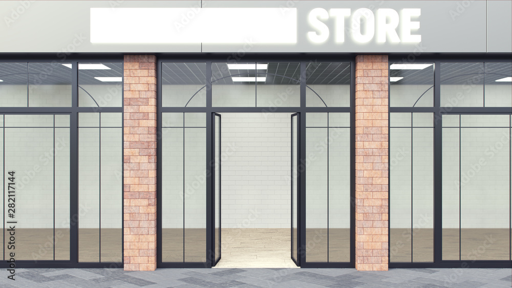 Modern store. Shopfront with large large windows, brick columns. 3d ...