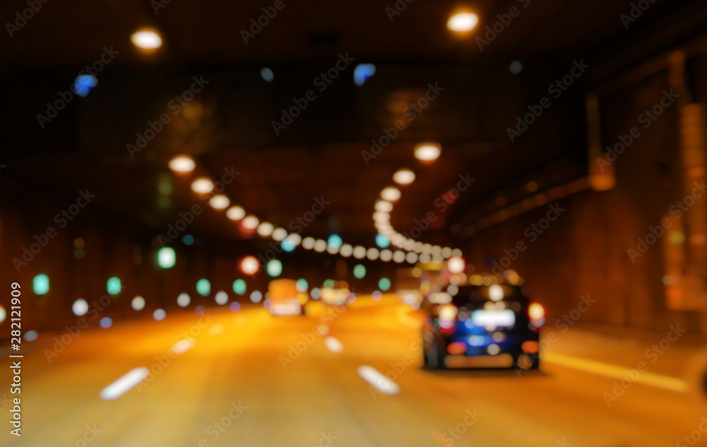 Car driving in a tunnel. Bokeh. Blur background. Traffic. Lights ...