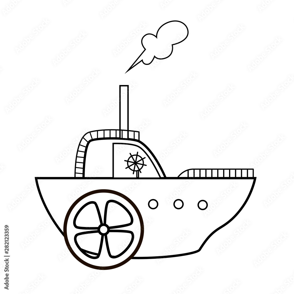 Cartoon ship with waterwheel line logo Stock Vector | Adobe Stock