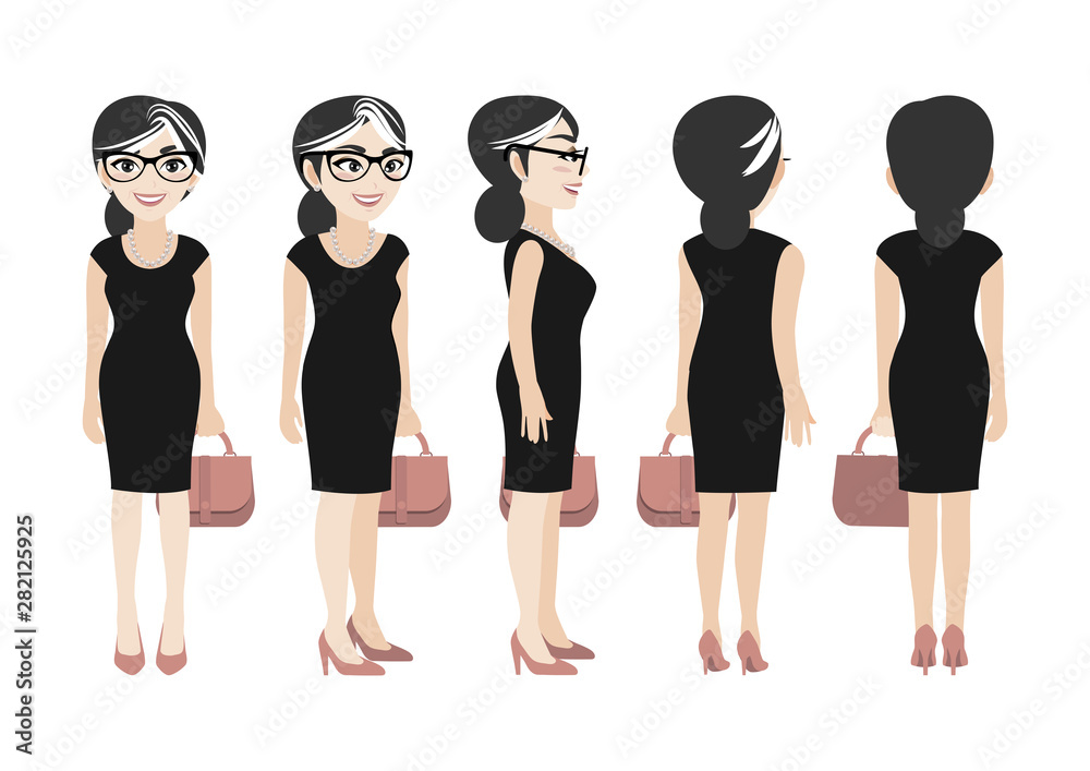 Cartoon character with business woman. Front, side, back, 3-4 view ...