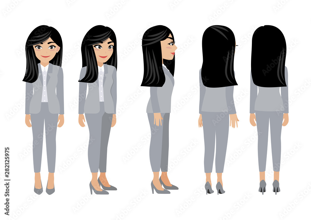 Cartoon character with business woman. Front, side, back, 3-4 view ...