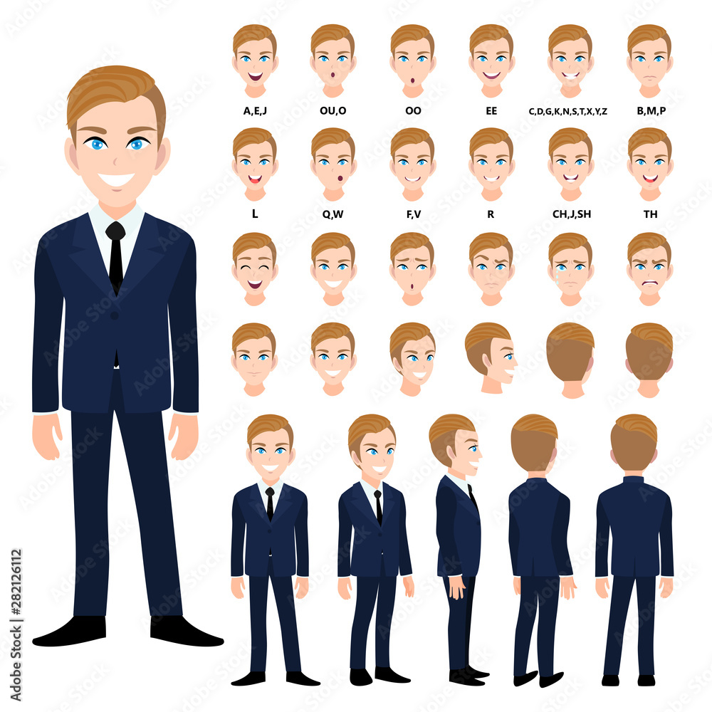 Cartoon character with business man in suit for animation. Front, side ...