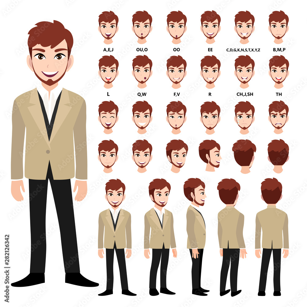 Cartoon character with business man in suit for animation. Front, side ...