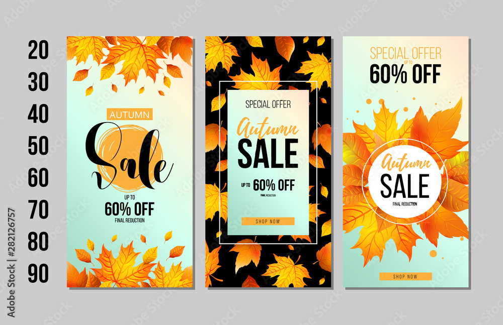 Set of Autumn sale flyer template with lettering, orange leaves. Fall ...