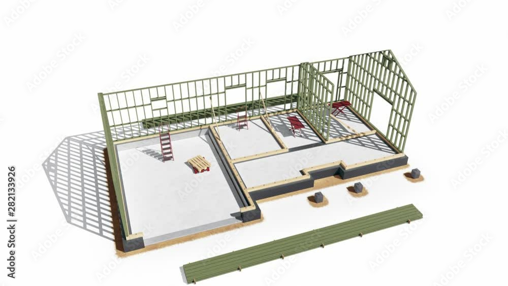 Different stages of building process of frame construction house with ...