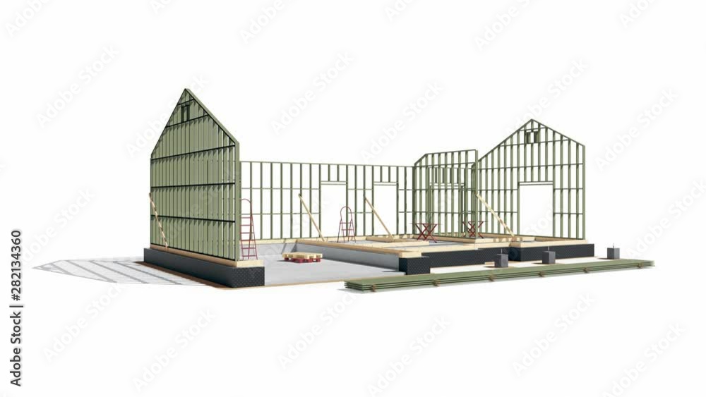 Stages of building process of frame construction house with plaster ...