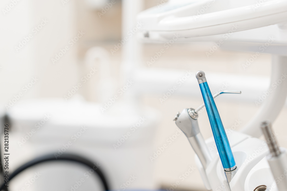 Close-up dental high speed turbine. Dental work in clinic. Operation ...