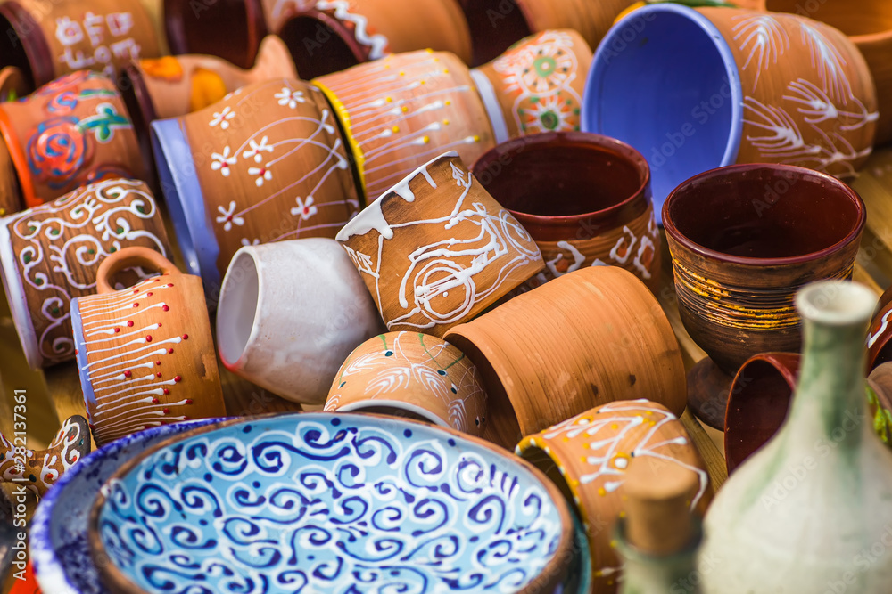 Ukrainian pottery. Pottery museum in Ukrainian village Oposhnya, center ...