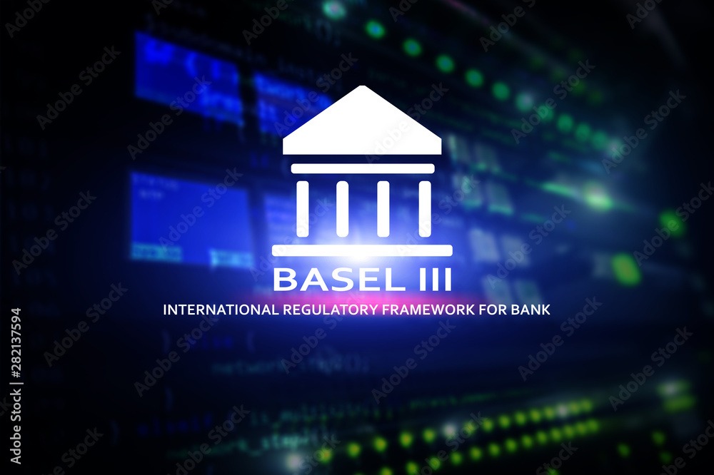 Basel 3. International regulatory framework for banks on abstract server room background. Stock ...