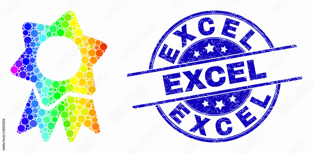 Pixel rainbow gradiented award badge mosaic icon and Excel seal. Blue ...
