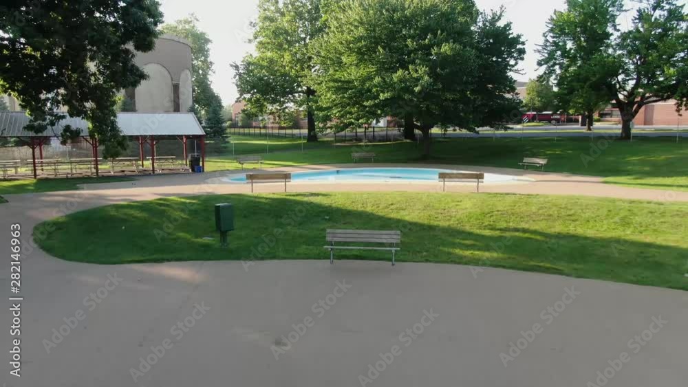 Community pools with no people in morning sunlight, benches, wading ...