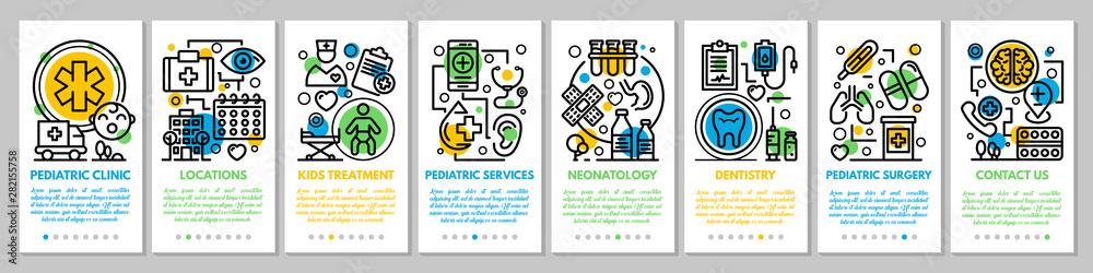 Medical pediatric clinic banner set. Outline set of medical pediatric ...