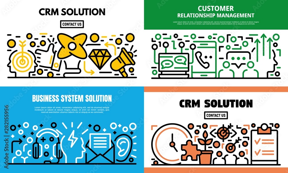 Customer relationship management banner set. Outline set of customer ...