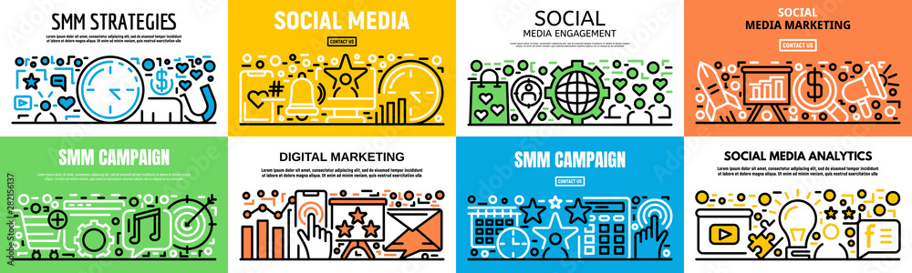 Smm banner set. Outline set of smm vector banner for web design Stock ...