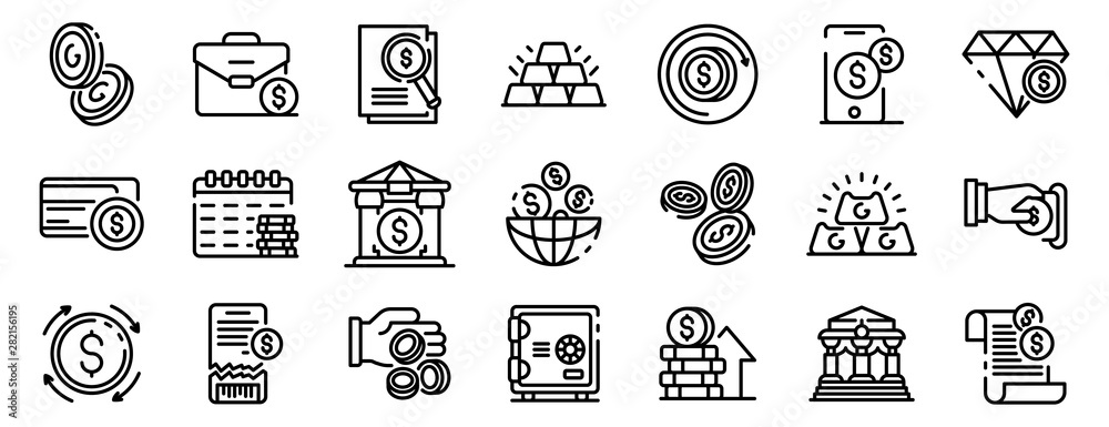 Bank metals icons set. Outline set of bank metals vector icons for web ...