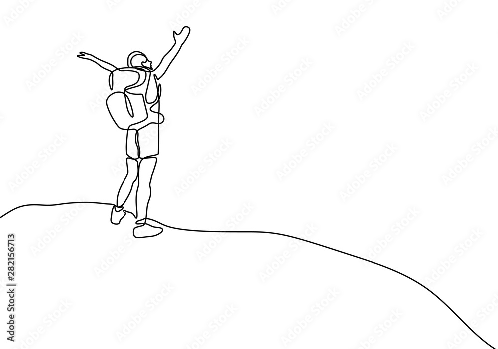 Continuous line drawing of winner man on mountain peak. Climber on ...